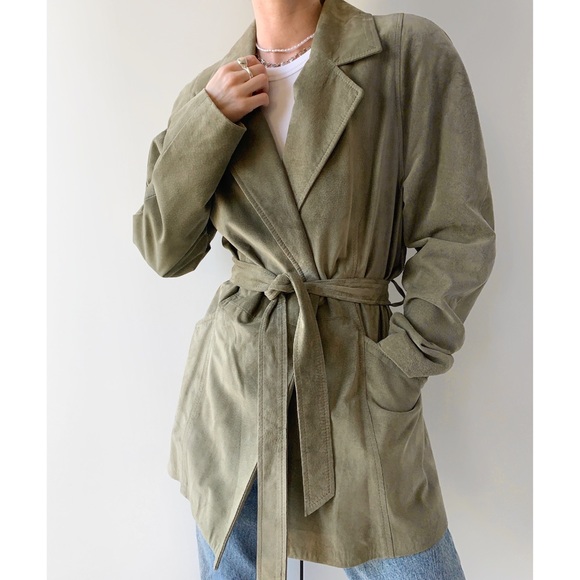 Danier | Jackets & Coats | Vintage Danier Long Green Belted Suede Leather Trench Jacket | Poshmark